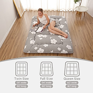 Zelladorra Japanese Floor Mattress, Futon Mattress with Portable Storage Bag and Washable Cover, Roll Up Thick Tatami Mat Suitable for Camping, Guest Room, Grey Cotton, Queen