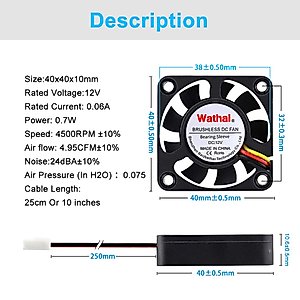 Wathai 40mm x 10mm DC Brushless Fan 12V 3Pin Cooling for 3D Printing, PC Computer Case, CPU Replacement, Graphics Card, Raspberry PI