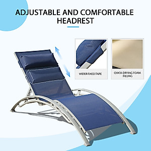 Domi Pool Lounge Chairs Set of 3, Adjustable Aluminum Outdoor Chaise Lounge Chairs with Metal Side Table, All Weather for Deck Lawn Poolside Backyard -Navy Blue Textilene