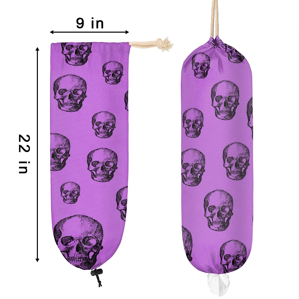 Skull Purple Plastic Bag Holder Cute Wall Mount Plastic Bag Organizer Reusable Large Grocery Bag Storage Dispenser for Home Kitchen Travelling 22"x9"