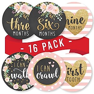 16 Monthly Baby Milestone Stickers Girl - Floral Baby Monthly Milestone Stickers For Baby Girl, Milestone Baby Monthly Stickers, Baby Month Stickers For Baby Photo Props, Monthly Baby Stickers Girl