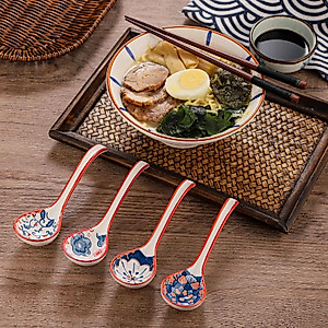 WHJY Asian Soup Spoon, Ceramic Ramen Spoon, Ramen Soup Spoon, Chinese Ceramic Spoons, Miso Soup Spoons Dumpling - Set of 4 Flora
