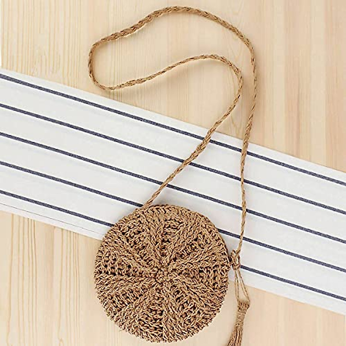 JORCEDI Straw Crossbody Shoulder Bag Beach Tassels Crochet Messenger Handbag Purse For Women Girls (Light Brown)