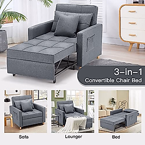 Esright 40 Inch Sleeper Chair Bed 3-in-1 Convertible Futon Chair Multi-Functional Sofa Bed Adjustable Reading Chair, Sofa, Bed, Sleeper Chair with Modern Linen Fabric, Drak Grey