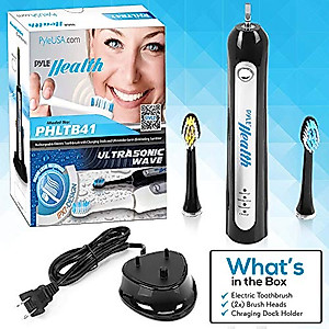 Pyle Health Ultra sonic Wave Rechargeable Electric Toothbrush with 3 brush modes, two minute timer, 2 Oral Brush Heads, Automatic Charging Dock Holder - For Kids, Teens, Adults - PHLTB41BK (Black)