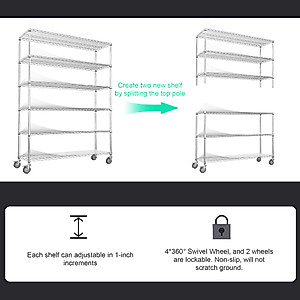 Dolonm 6-Tier Storage Shelves Wire Shelving Unit, 6000 LBS NSF Height Adjustable Shelves Organizer with Wheels, 18"L x 60"W x 87.5"H, Heavy Duty Garage Shelving for Restaurant, Office, Kitchen, Chrome