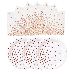 CENLBJ White and Rose Gold Paper Plates and Napkins-100 PCS-50 x 7''Dessert Plates & 50 x 6.5''Napkins,Gold Dots Paper Plates Party Supplies,for Birthday,Anniversary,All Occasions