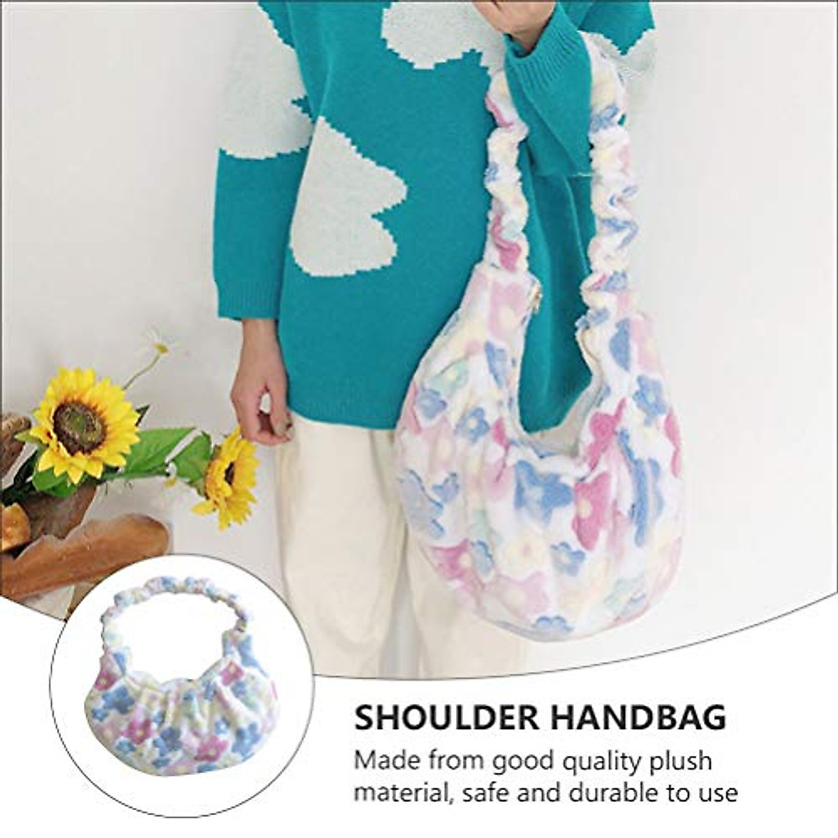 VALICLUD Hobo Bag Large Capacity Furry Handbag Shoulder Tote Bag Fluffy Purse Floral Flower Purse for Women