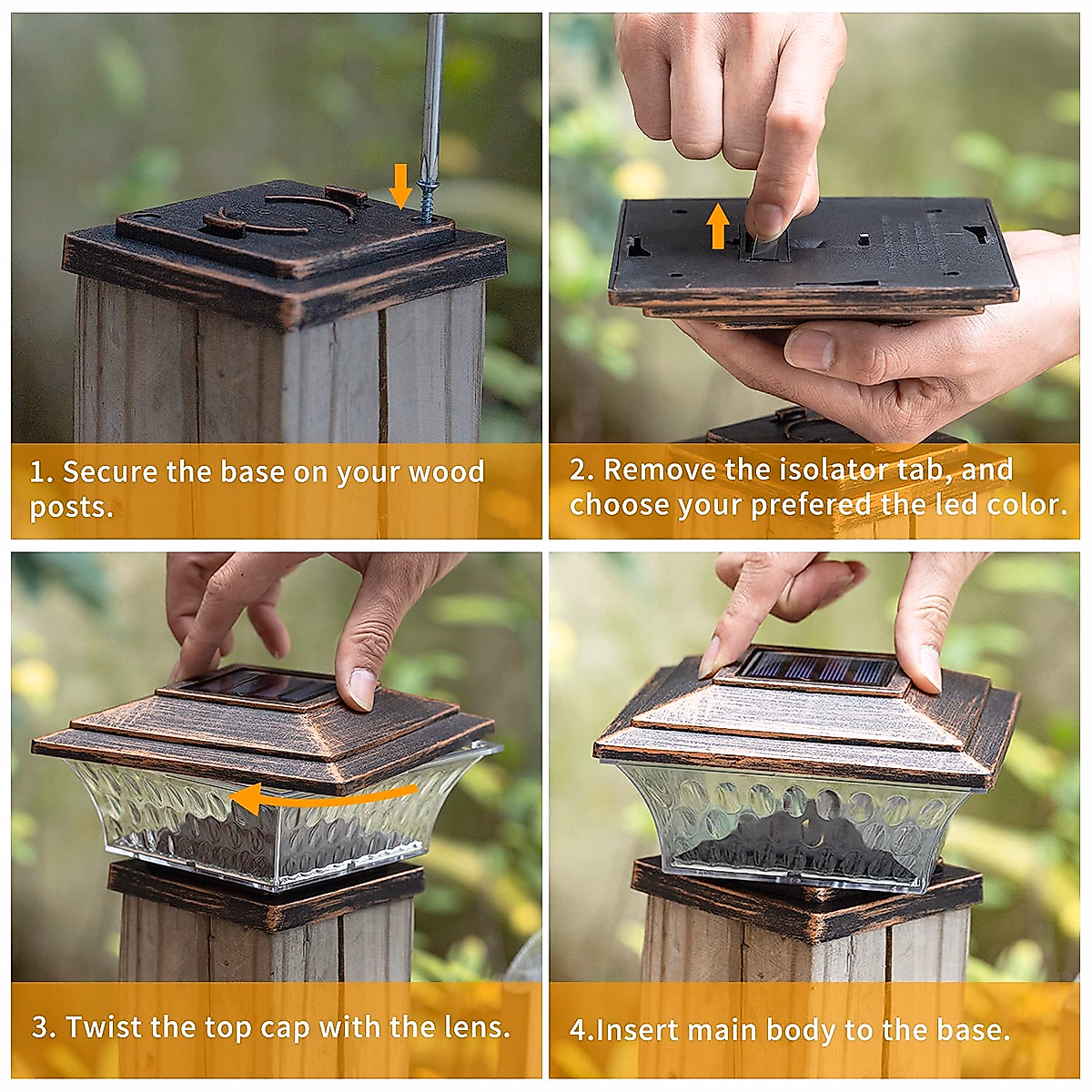 HUYIENO Solar Post Cap Lights Outdoor LED Lighting Deck Fence With Two Light Modes Warm White/Bright White Suitable for 4x4 Wooden Posts Brushed Copper 6PK