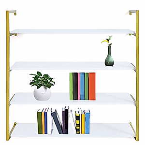 TBVECHI Wall Mounted Floating Shelves 4-Tier Gold Floating Display Shelves Connected Wood Shelf with Iron Frame Storage Shelves for Living Room Office Kitchen Bedroom Decor, Gold+White