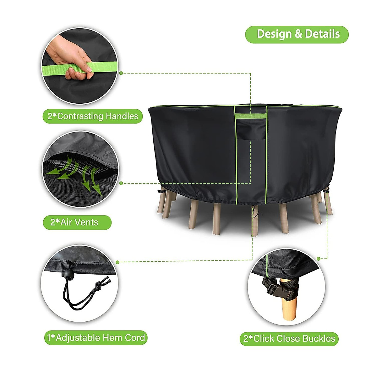 Round Patio Furniture Covers, 100% Waterproof Outdoor Table Chair Set Covers, 600D Heavy Duty Patio Furniture Covers, Anti-Fading, UV Resistant, 72" Dia x 28" H, Black