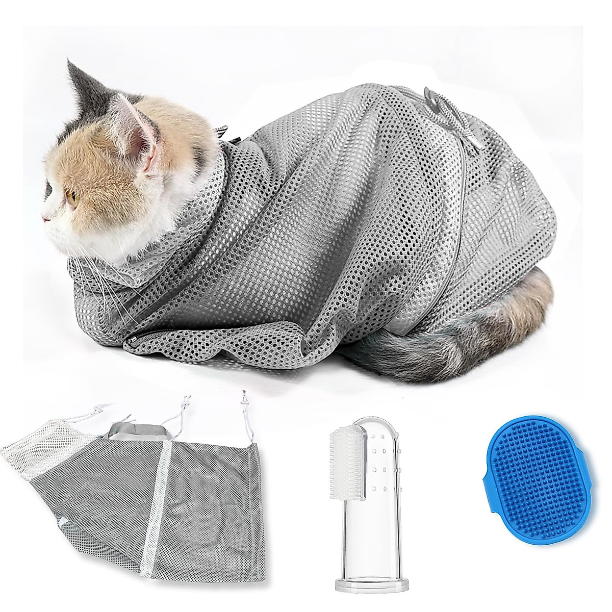 MSMUOEZ Adjustable Multifunctional Anti-Bite Shower net Bag，Cat Grooming Mesh Bag, Cat Bathing Bag，Cat Bath Brush and Pet Finger Toothbrush (B-Grey)