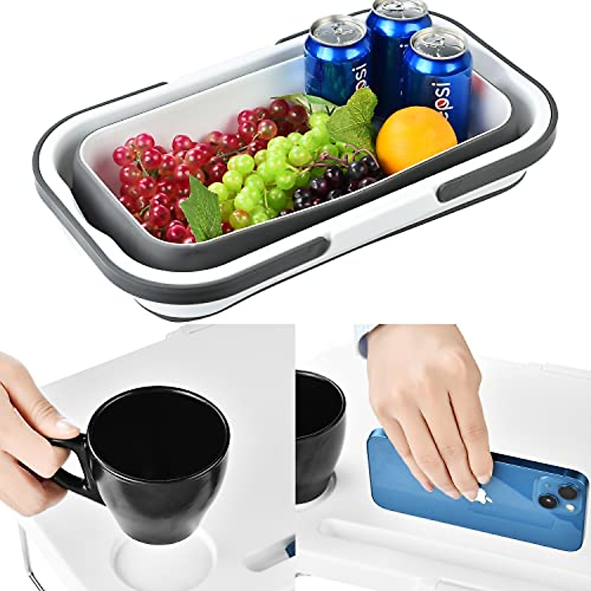 Foldable Picnic Basket with Lid and Tray Table, Collapsible Camping Basket Tub with Handle, Portable Basin Bucket for Camping BBQ