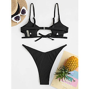 ZAFUL Women's Sexy Cutout Bikini Thong Bikini Set Tie Back Two Piece Swimsuit Bathing Suit (0-Black,M)