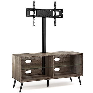 Rfiver Swivel Wood TV Stand with Mount for 32-70 Inch Flat Screen TVs, Entertainment Center with 4-Shelf Storage Cabinet for Media Console, Universal Floor TV Stand Cabinet for Home, Rustic Oak