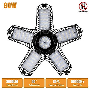 Fuuroottly 2 Pcs LED Five Leaf Garage Light Garage Ceiling Lamp 8000LM Deformation Basement Adjustable High Bay Light 80W & 100W