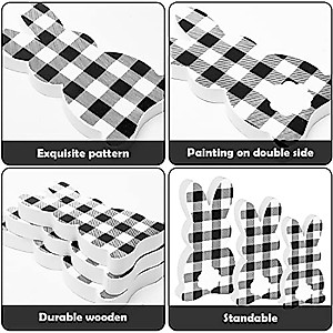 WATINC 3Pcs Easter Bunny Buffalo Plaid Tiered Tray Table Wooden Sign, Black White Wood Tabletop Decoration Farmhouse, Double Printed Freestanding Decor for Easter Room Office Party Desk Photo Prop