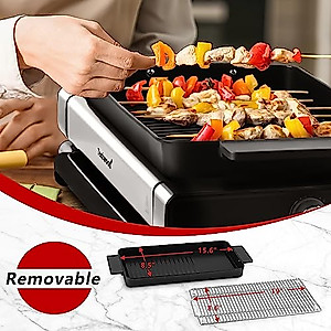 Indoor Electric Grill, Techwood 1500W BBQ Korean Grill with 5 Gear Temperature Adjustment & Metal Drip Tray, Handle, Removable Griddle and Grill Barbecue Plate for Party Cooking, Stainless Steel, Silver