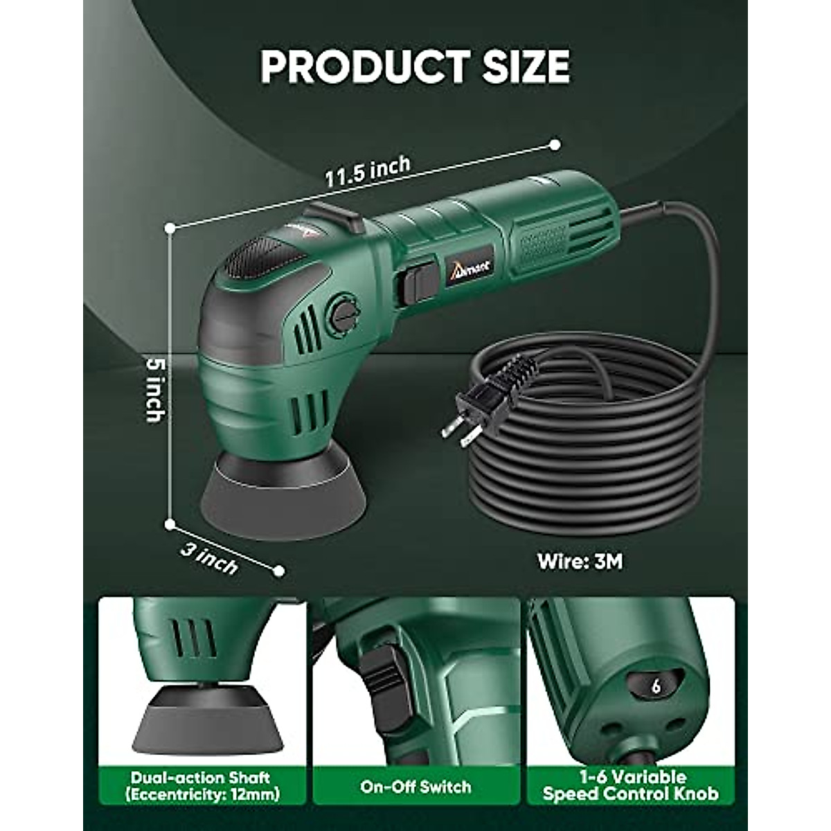 3 inch Car Buffer Polisher, Aiment Oribtal Mini Polisher, 6 Variable Speed 3000-6400RPM Dual-action Car buffer for Car & Motorcycles Detailing Hard to Reach Areas Polishing