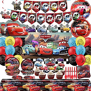 Cars Birthday Party Supplies, Lightning McQueen Birthday Party Supplies Decorations Include Banner, Foil Balloons, Tablecloth, Plates, Backdrop and Forks for Kids