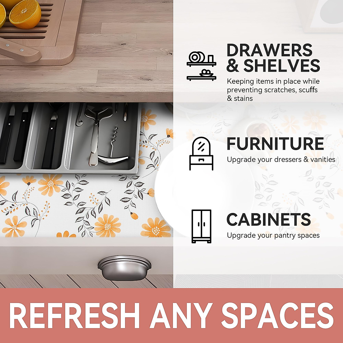 RAY STAR Shelf Liner, 12 Inch x 10 Feet Non Adhesive White Daisy Red Floral Cabinet Liner for Pantry Drawer Vanity, Strong Grip Non Slip Waterproof, Shelf Liners for Kitchen Cabinets