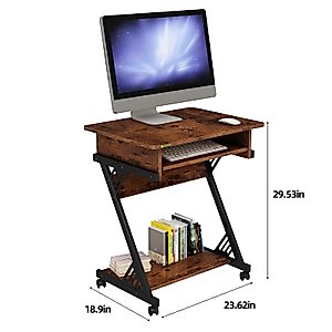 Small Corner Computer Desk, Rolling Computer Desk for Small Space Bedroom, Home Office Study Computer Desk on Wheels, Mobile Computer Table Portable Laptop Cart with Shelves,Rustic Brown