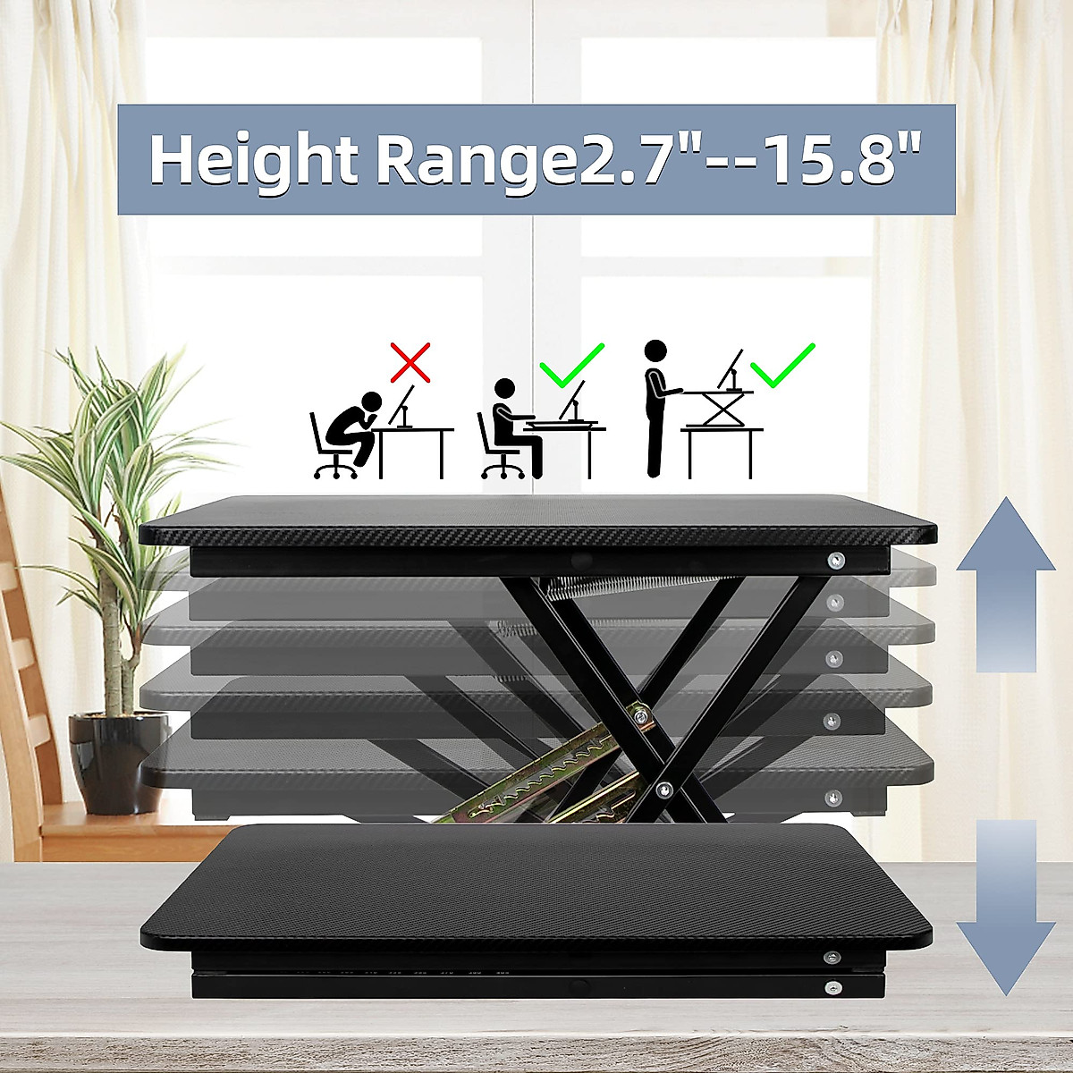 STANDNEE Standing Desk Converter, Height Adjustable Sit Stand Desk Converter, Fully Assembled Monitor Desk Riser for Standing or Sitting, Sit to Stand Desk for Home Office, Black, Pattern.