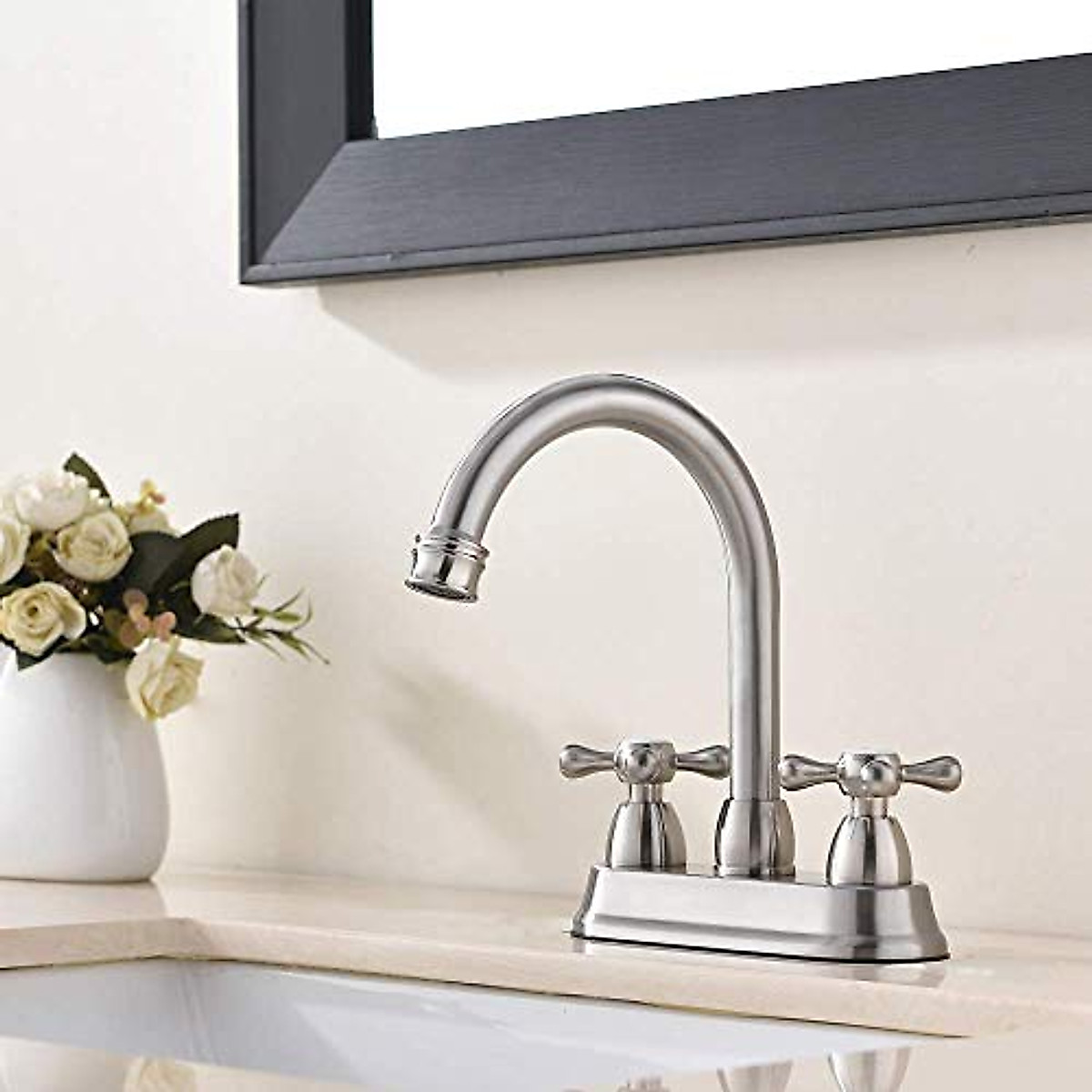 SHACO Brushed Nickel Bathroom Faucet, 4 Inch Centerset RV Camper Bathroom Faucet, 2 Cross Handle 360° Swivel Spout Lavatory Basin Bath Vanity Bathroom Faucets for Sink 3 Hole or 2 Hole