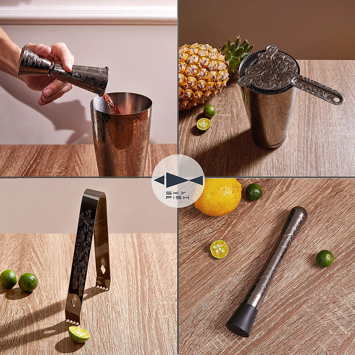 SKY FISH Bartender Kit Cocktail Shaker Set-7 Pieces Stainless Steel Black Plated Etching Bar Tools with Boston Shaker Tins,Mixing Spoon,Mojito Muddler,Japanese Double Jigger,Hawthorne Strainer