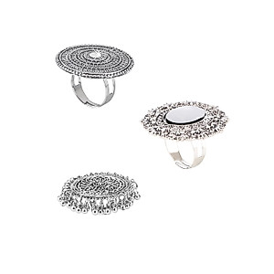 Yellow Chimes Designer Artistic Crafted Indian Bollywood Style Mirror Worked Oxidized Silver Combo of 3 Traditional Party Ware Adjustable Rings Indian Traditional Jewelry for Women from