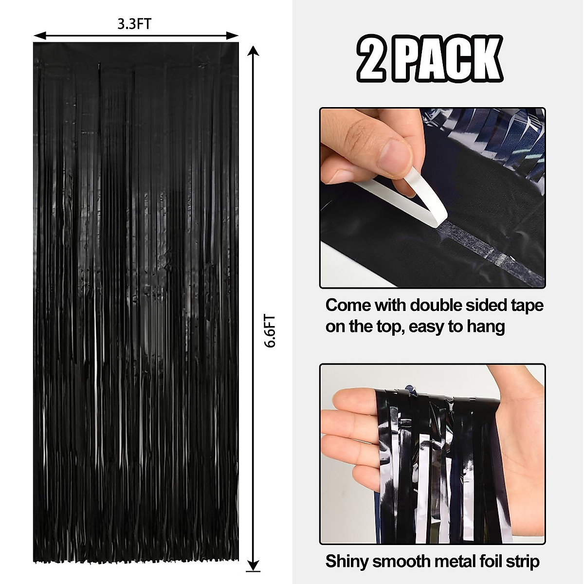 2 Pack Black Metallic Tinsel Foil Fringe Curtains Party Photo Backdrop Party Streamers for Birthday,Graduation,New Year Eve Decorations Wedding Decor