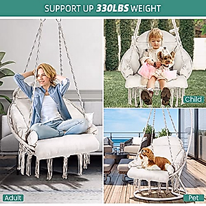 PUREKEA Hammock Chair, Macrame Hanging Swing Chair with Large Padded Cushion and Hardware Kits, Max 330 Lbs, Hanging Cotton Rope Chair for Indoor, Outdoor, Bedroom, Patio, Porch, Garden (Beige)