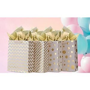 UNIQOOO 12PCS Metallic Gold Christmas Gift Bags Bulk with Handle, Large 12.5 x10 Inch, Assorted Modern Geometric Paper Gift Wrap Bags, For Valentines Day Holiday Birthday Wedding Gift Packaging Decor