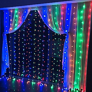 Solar Curtain String Lights Outdoor, AMZSTAR Waterproof 300LED Fairy Window String Lights Twinkle Solar Lights 8 Modes Wedding Party Home Garden Bedroom Outdoor Indoor Wall Decorations (Multicolor)