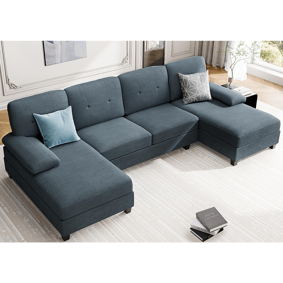 Meilocar Sectional Couches for Living Room, 4 Seat Sofa Set U-Shaped Couch with Double Wide Chaise, 106in Sofa Modern Fabric Large Couch with Oversized Seats (Grey)