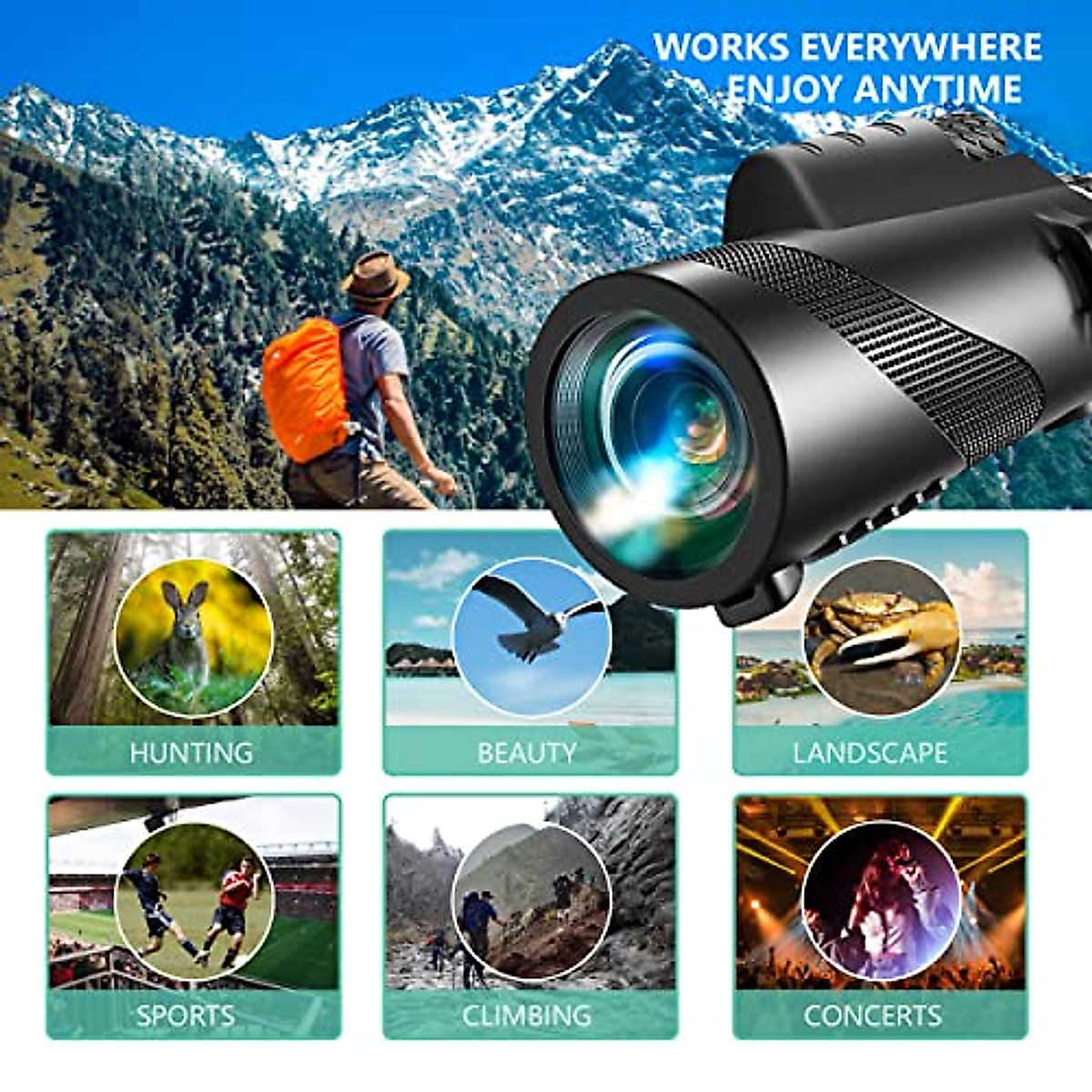 80x100 Monocular-Telescope High Powered for Smartphone Low Night Vision Monoculars for Adults High Definition Monocular Telescope for Stargazing Hunting Wildlife Bird Watching Travel Camping Hiking