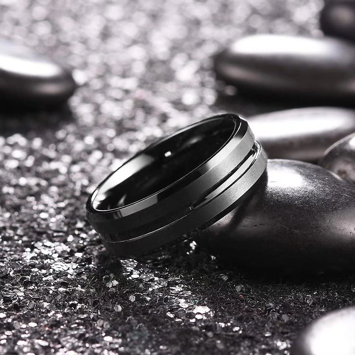 King Will Classic 8mm Black Tungsten Carbide Wedding Band Ring Polished Finish Grooved Center Comfort Fit (10.5)