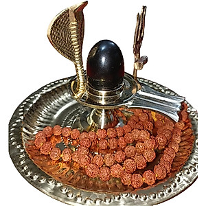 Shaligram Shiva Ling Lingam Shivling Naaga Brass Stand(Thali tirshul 3inch) Shiv Plate Rudraksha mala 108 Stone 6mm