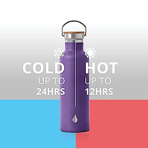 Elemental Classic Insulated Water Bottle, Leak Proof Thermos Water Bottle with Bamboo Lid and Metal Ring, Reusable Insulated Stainless Steel Water Bottle, 25oz - Purple