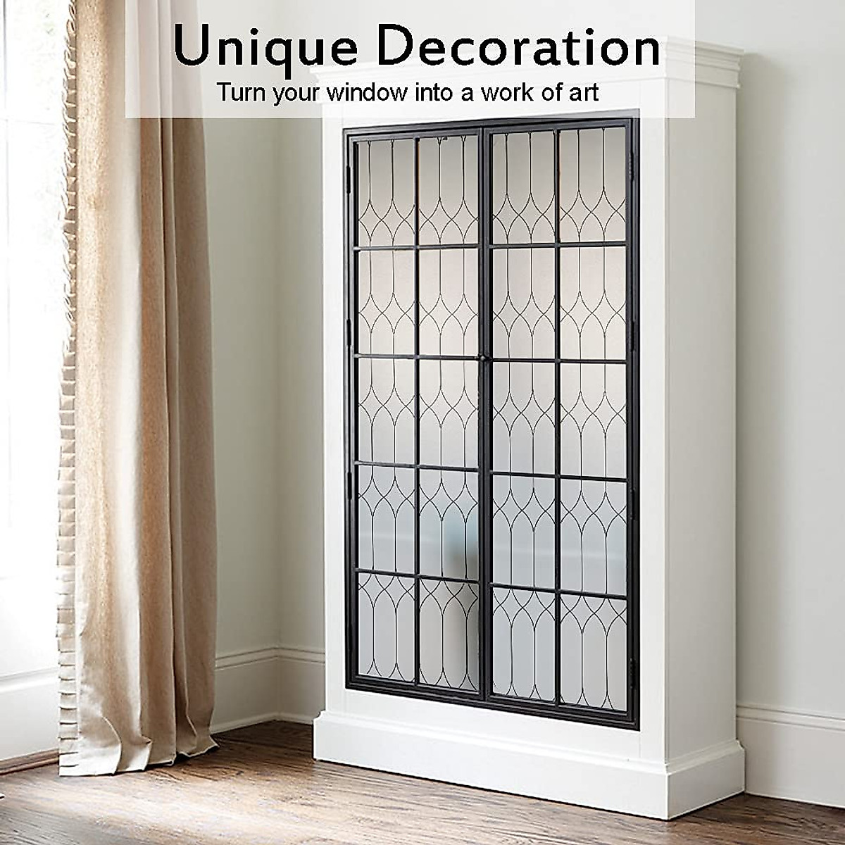 Privacy Window Film Decoration, Heat Control Window Tint for Home, Static Cling Glass Door Covering Window Sticker Removable Non-Adhesive UV Blocking, White Frosted w/Black Morocco Lines, 17.7"x78.7"