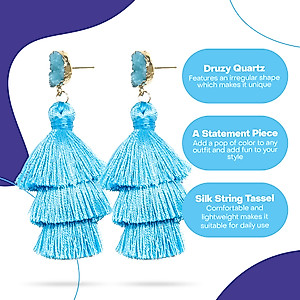 Rave Envy Colorful Tassel Earrings for Women - Light Blue Dangle Tassle 3 Tier Earrings