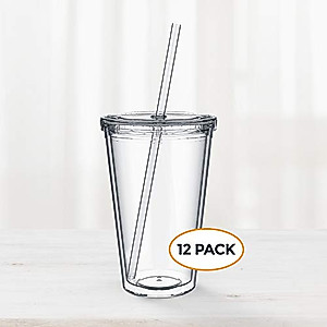 Maars Drinkware Bulk Double Wall Insulated Acrylic Tumblers with Straw and Lid (Set of 12), 16 oz, Clear