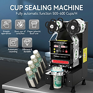 Vtsmax Cup Sealer Machine 90/95mm Cup Sealing Machine 500-600 Cups/H Bubble Tea Sealing Machine with Automatic Counting LCD Panel for Bubble Milk Tea Juice Coffee Black