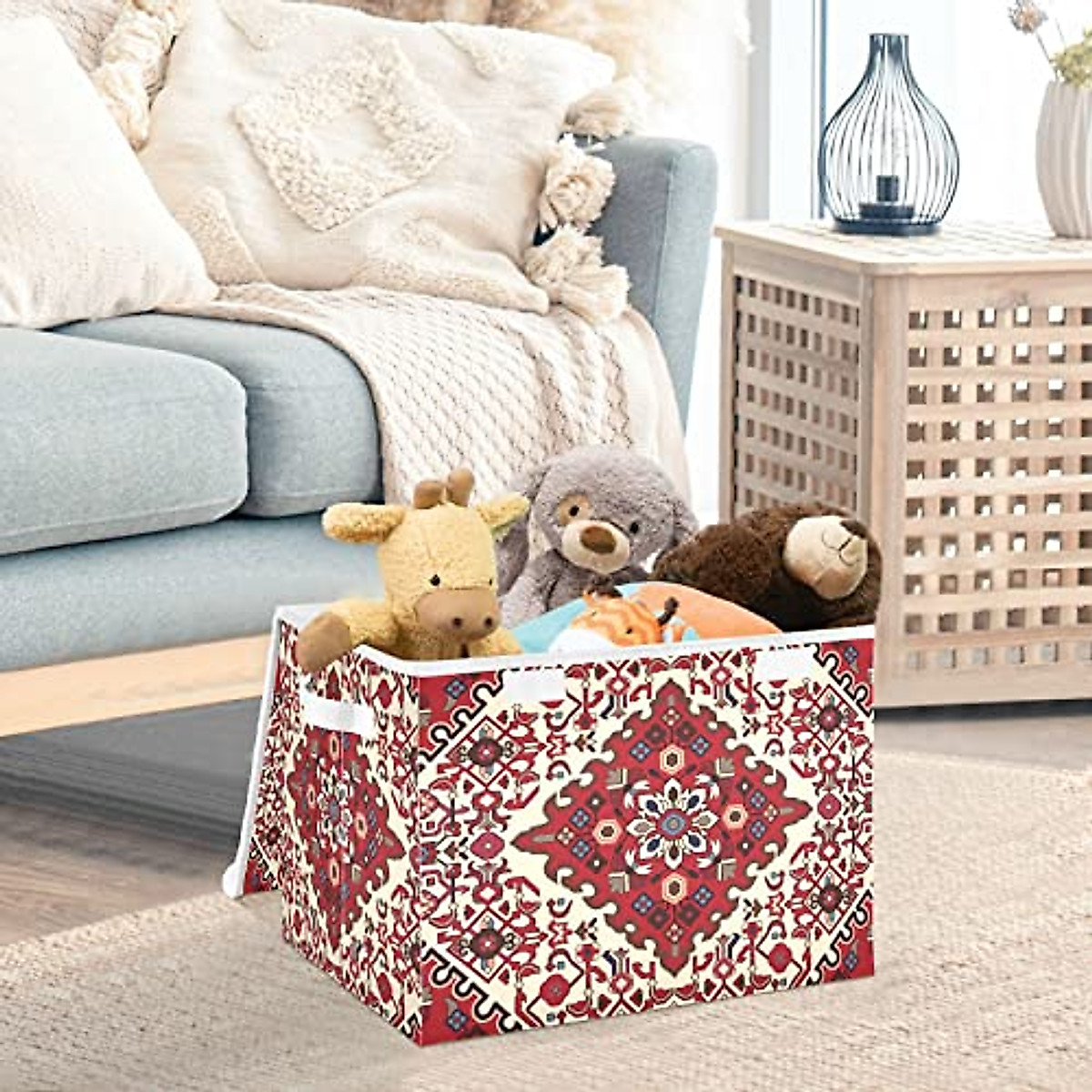 linqin Clothes Storage Box with Handle for Shelves Persian Carpet Tribal Pattern Storage Containers Large Photo Chests