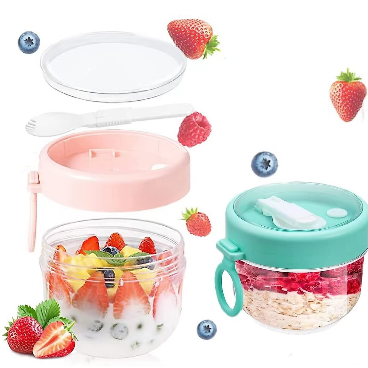 Portable Overnight Oats Containers with Lids and Spoon, Overnight Oats Jars for Breakfast, MealPrep Jar Airtight, 20 OZ, Large, Airtight, Set of 2