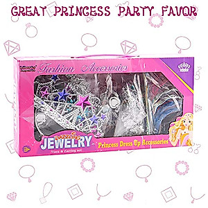 Liberty Imports 50 PCS Princess Jewelry Dress Up Accessories, Pretend Play Set Jewelry Party Favors for Girls Cosplay Party Favors with Crown Wand Ring Earring Necklace