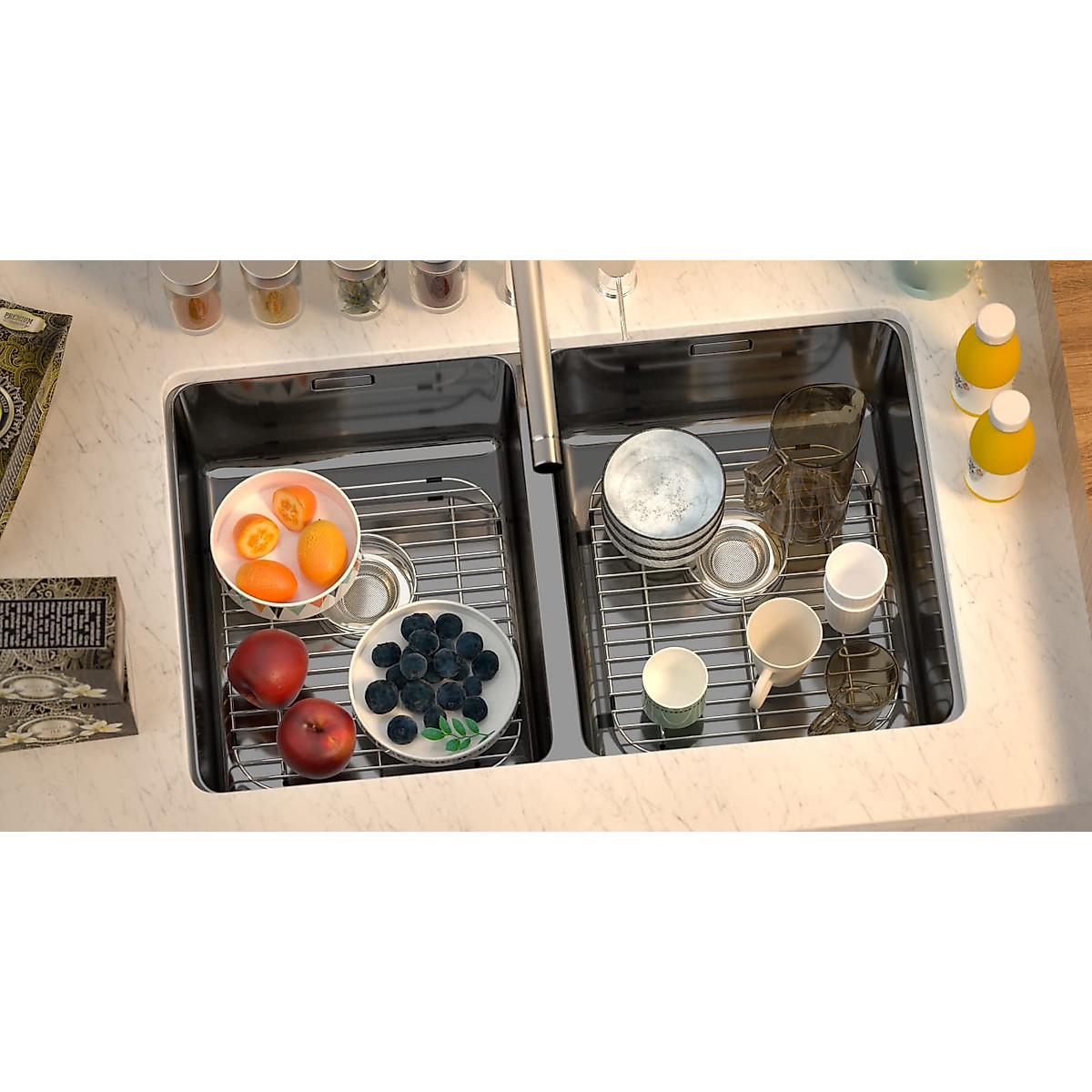 SlimmKISS Kitchen Sink Grid Stainless Steel Sink Protectors, Sink Bottom Grid Sink Racks for for Single or Double Bowl Sink, Corner Radius Sink Grate Rear Drain Hole with Sink Strainer,2pack