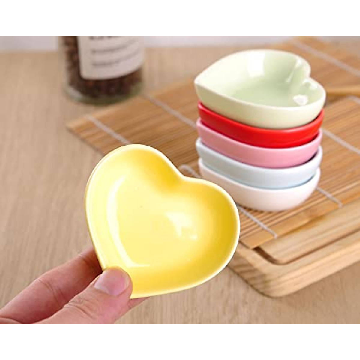 WHJY Pink Love Heart Shaped Ceramic Side Dish Bowl, Contemporary Porcelain Side Dishes Bowl, Seasoning Dishes Soy Dipping Sauce Dishes for Wedding Birthday Party- Set of 6