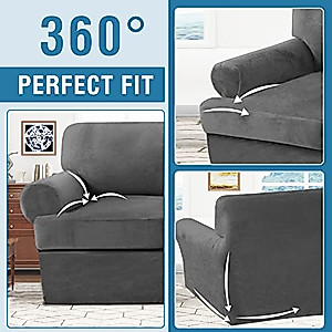 Sofa Cover 2 Piece T Cushion Armchair Slipcovers Thick Velvet Couch Cover Furniture Protector Stretch T Cushion Sofa Covers for 1 Cushion Couch with 1 Individual T Cushion Covers Washable, Grey