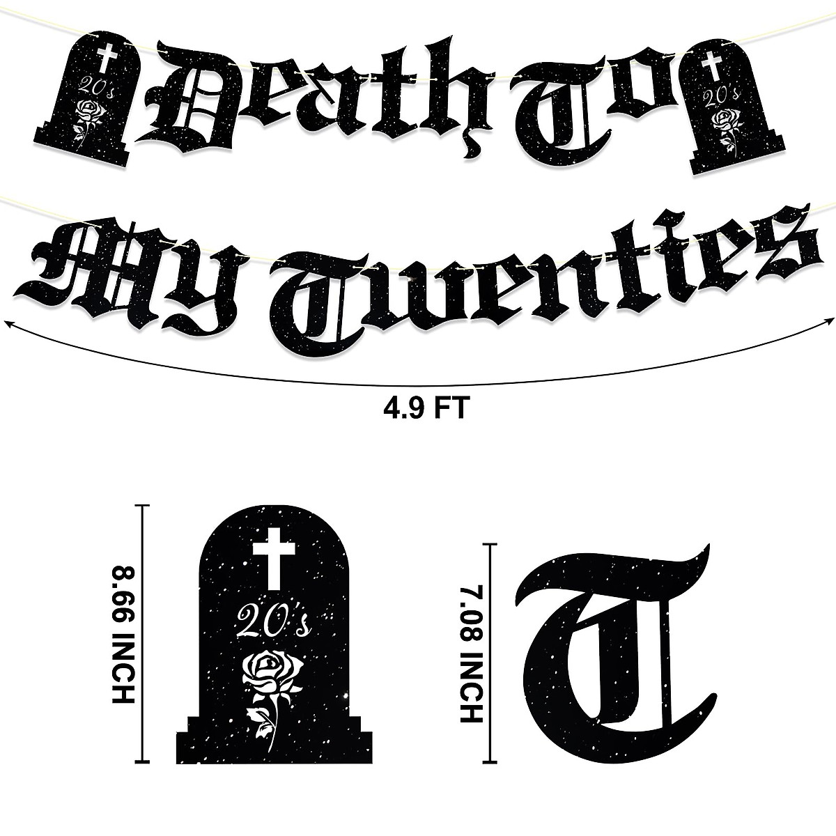 Ushinemi Pre-Strung Goth Death to My 20s Decorations, NO DIY Glitter 30th Birthday Party Banner, Funeral for My Youth Rip Twenties Party Decor